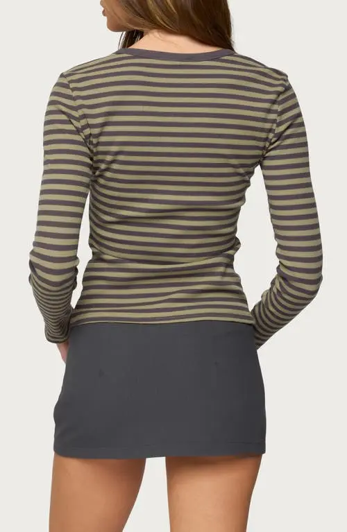 EDIKTED Roma Stripe Rib Henley Top - Olive