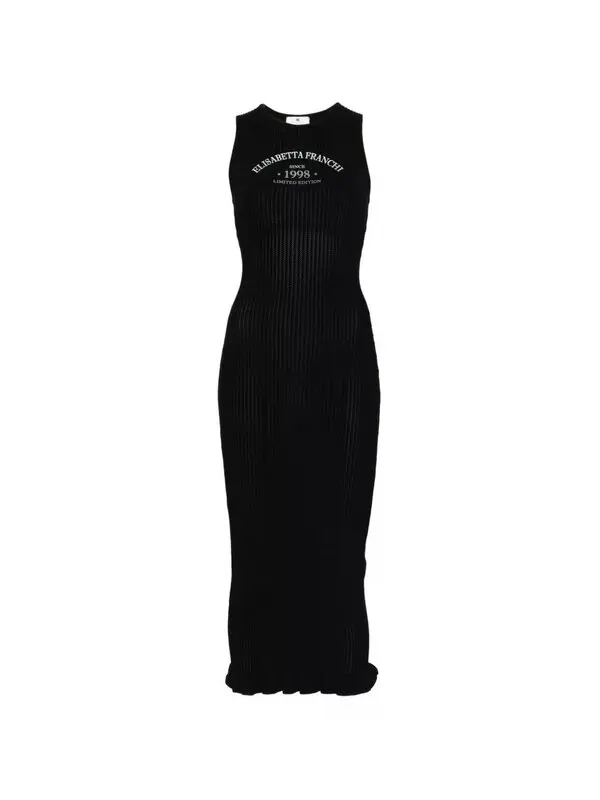 Elisabetta Franchi Ribbed Knit Sleeveless Crewneck Dress With Logo Print - Black
