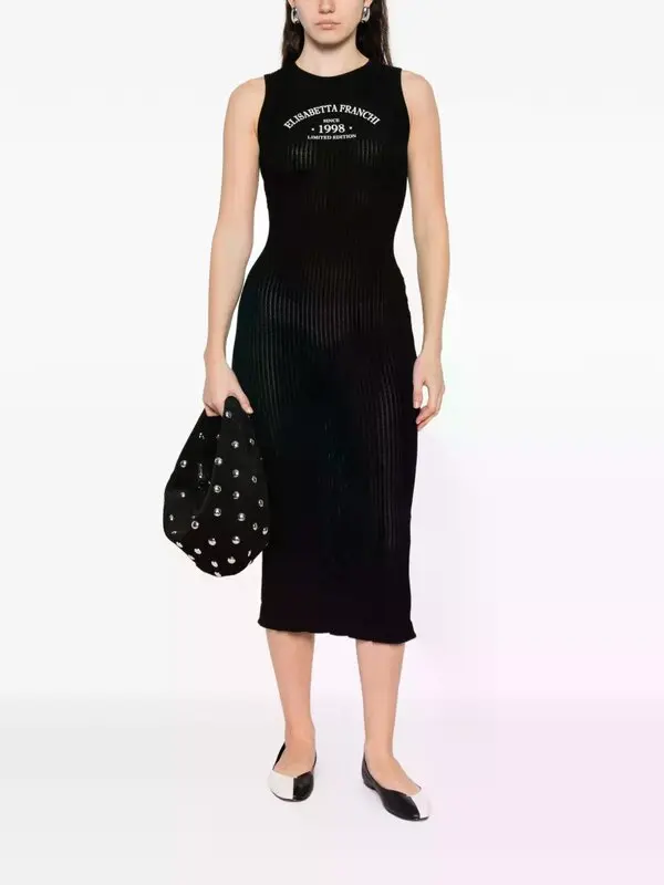 Elisabetta Franchi Ribbed Knit Sleeveless Crewneck Dress With Logo Print - Black