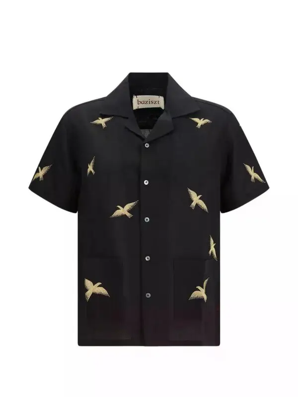BAZISZT Bird-embroidered Pocket Shirt - Black