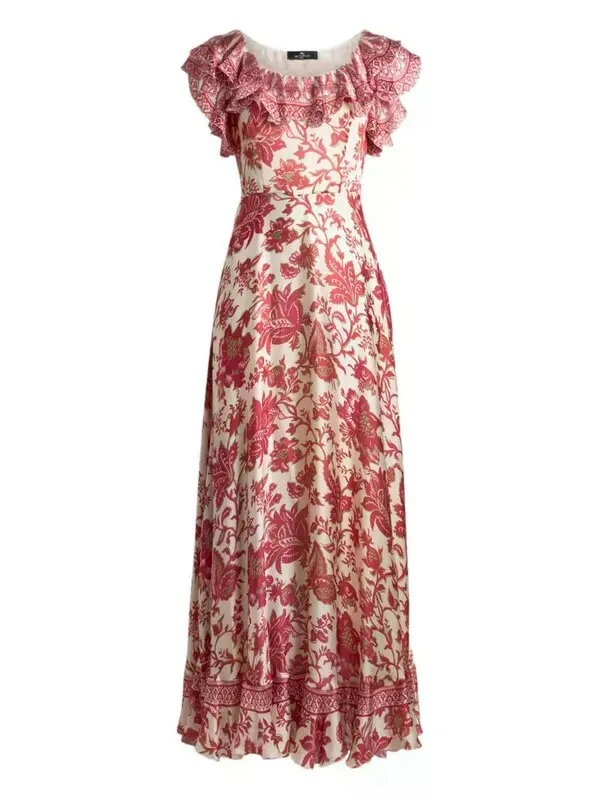 Etro Peau D'ange Silk Long Dress With Floral Motif - Neutrals
