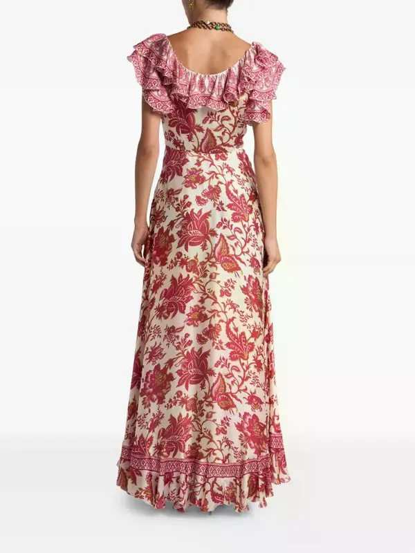 Etro Peau D'ange Silk Long Dress With Floral Motif - Neutrals