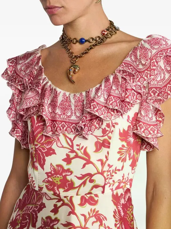Etro Peau D'ange Silk Long Dress With Floral Motif - Neutrals