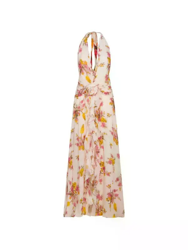 Blumarine Floral-print Dress With Ruffles - Neutrals