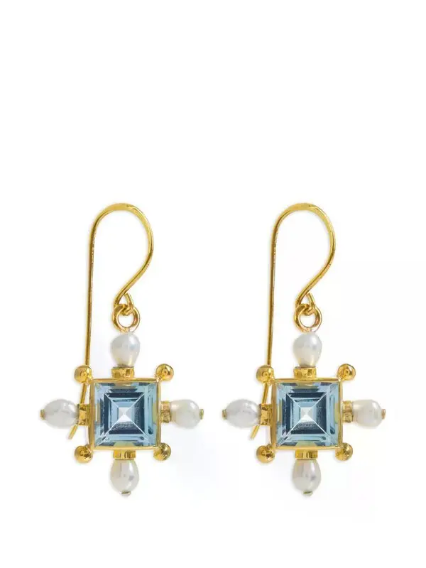 FREYA ROSE Cross Blue Topaz And Pearl Drop Earrings - Gold