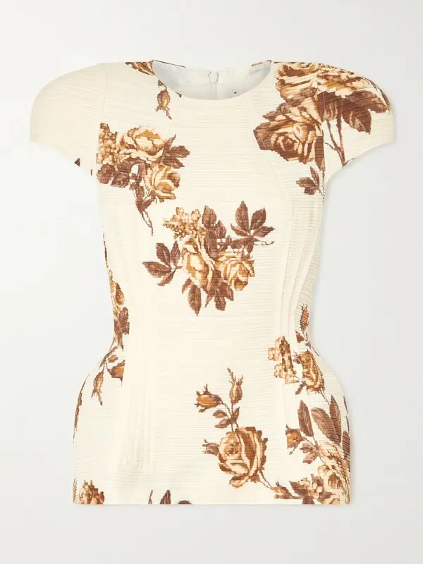 Magda Butrym Floral-print Plissé-satin Blouse - Neutrals