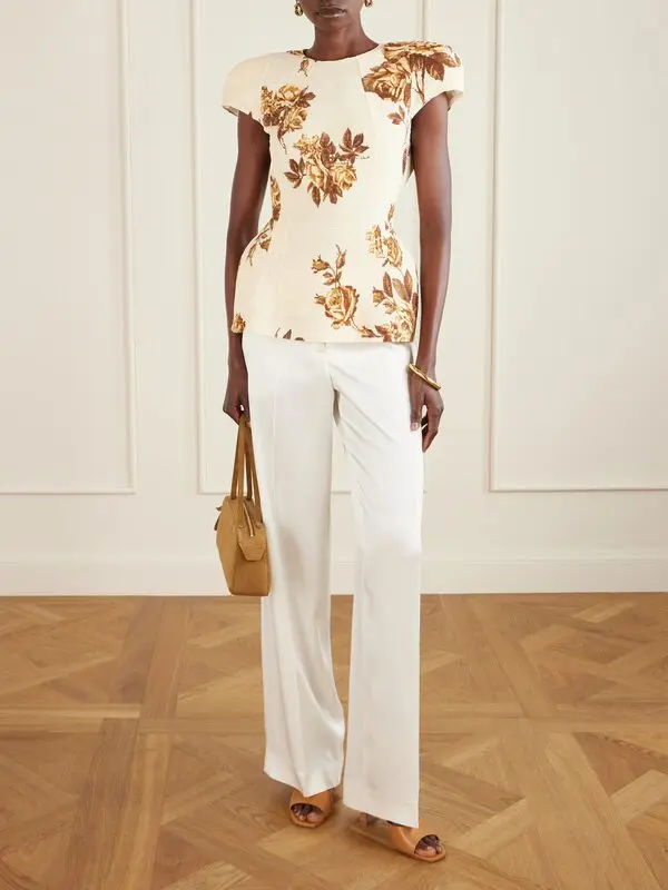 Magda Butrym Floral-print Plissé-satin Blouse - Neutrals