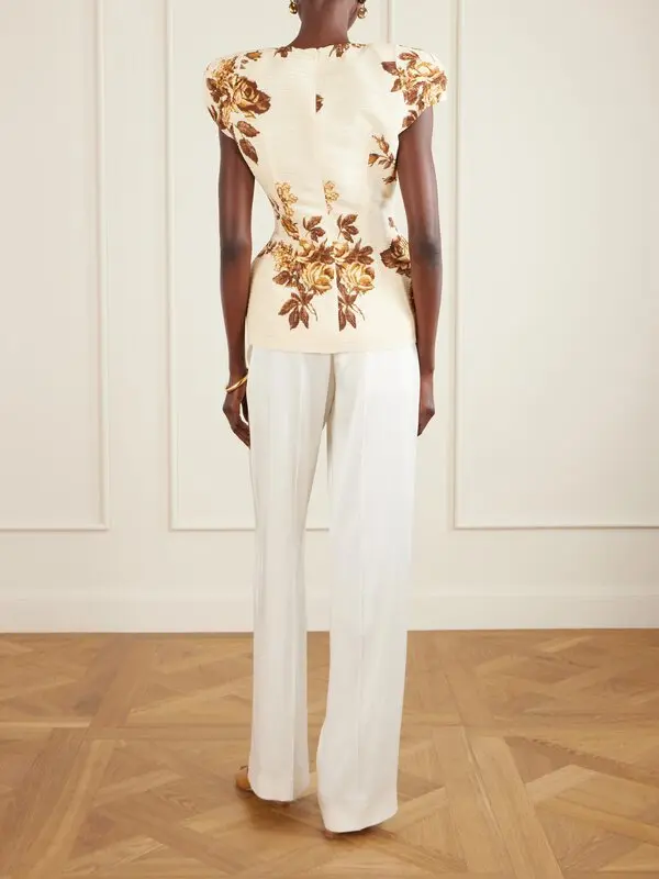 Magda Butrym Floral-print Plissé-satin Blouse - Neutrals