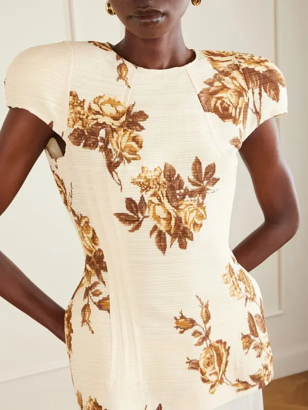 Magda Butrym Floral-print Plissé-satin Blouse - Neutrals