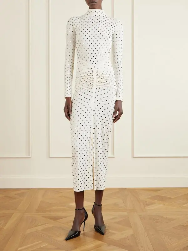 AlaA Gathered Crystal-Embellished Jersey Midi Dress - White | Editorialist