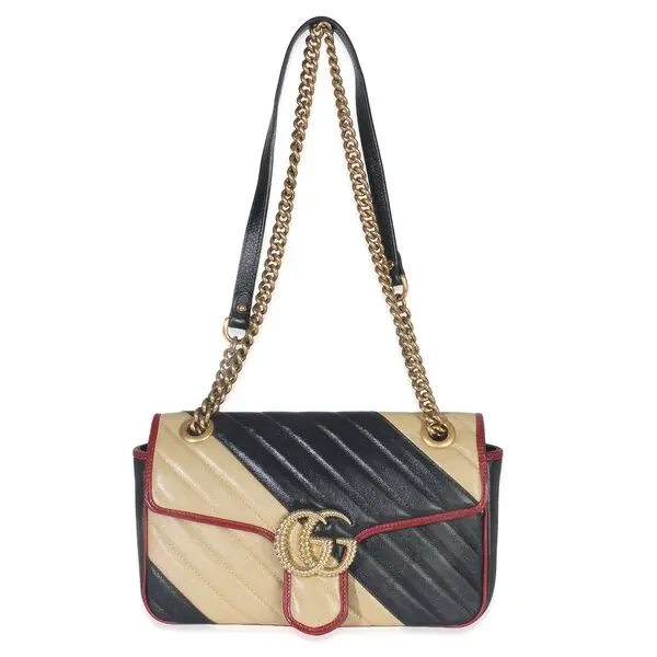 Gucci Black Beige Matelasse Calfskin Torchon Marmont Shoulder Bag