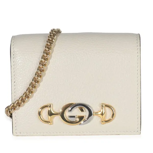 Gucci Vintage White Grainy Calfskin Zumi Chain Card Case Wallet - Beige