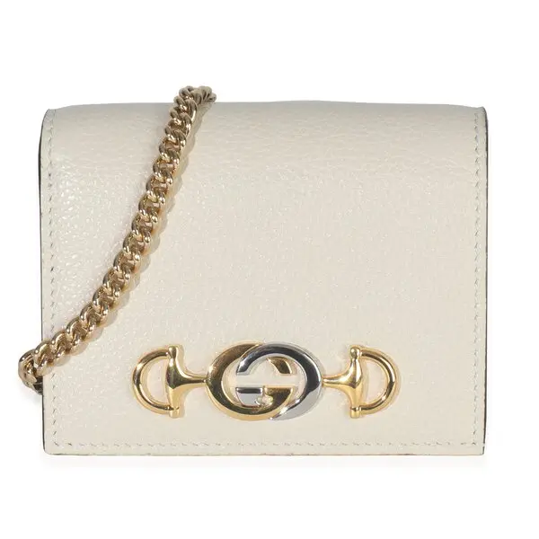 Gucci Vintage White Grainy Calfskin Zumi Chain Card Case Wallet - Beige