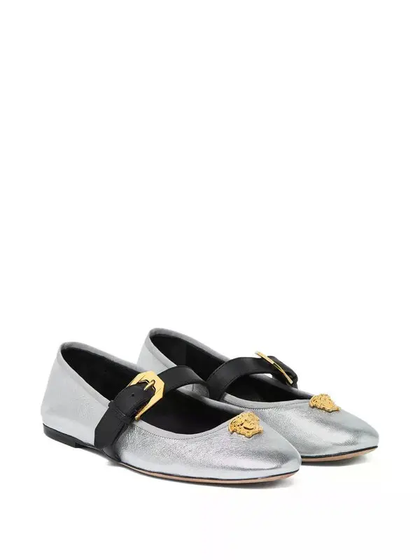 Versace La Medusa Metallic Ballerinas With Buckle Strap - Silver