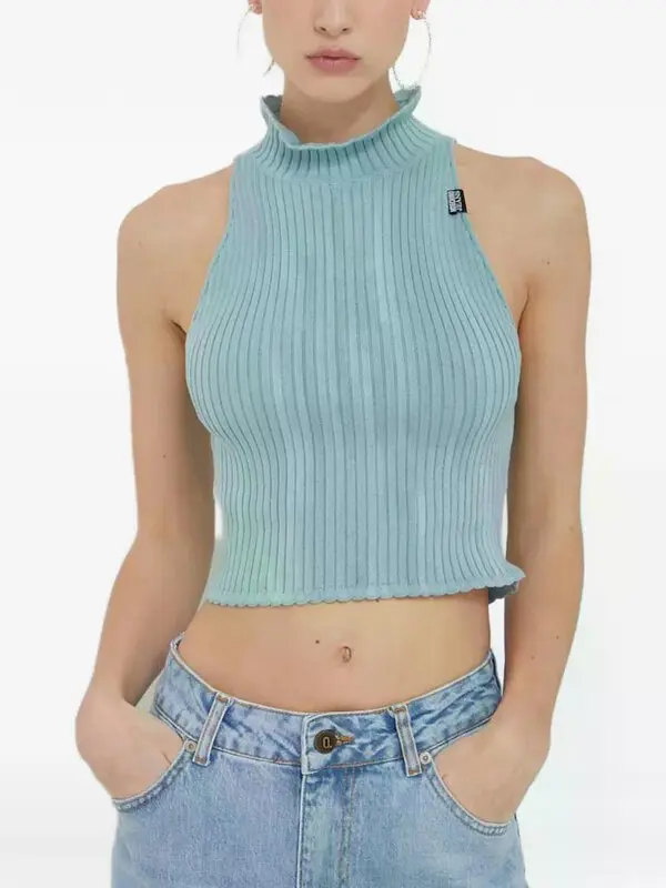 Moschino Ribbed Knit High Neck Top - Blue