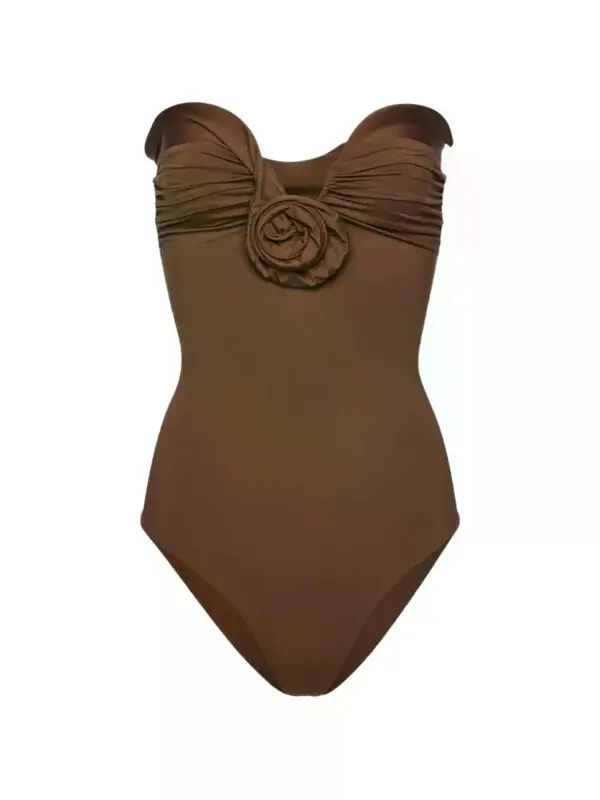 Magda Butrym Ruffled Strapless Swimsuit With Floral Detail - Brown