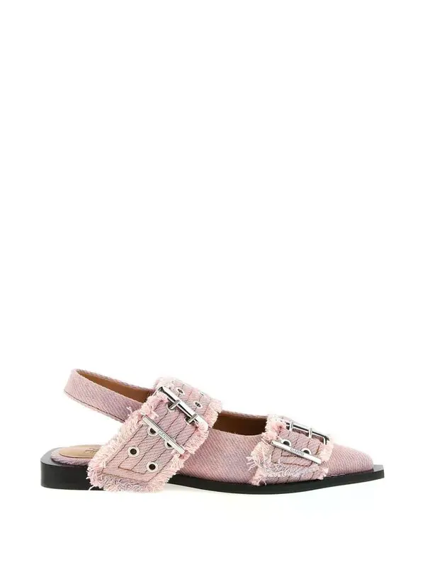 GANNI Buckle Fringed Denim Flat Pumps