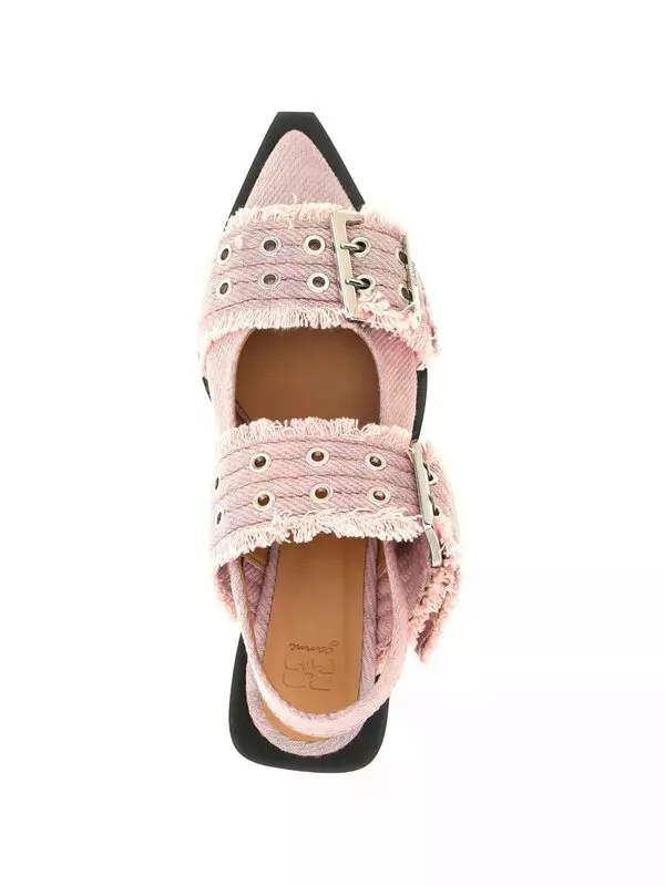 GANNI Buckle Fringed Denim Flat Pumps