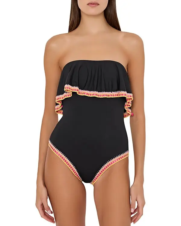 MILLY Strapless Crochet Ruffle One Piece Swimsuit - Black Multi