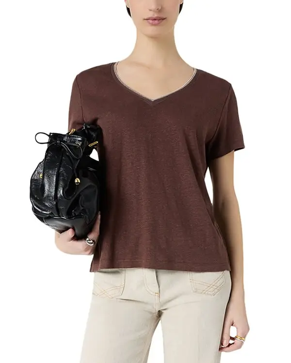Gerard Darel Mirana Linen V-neck Top - Brown