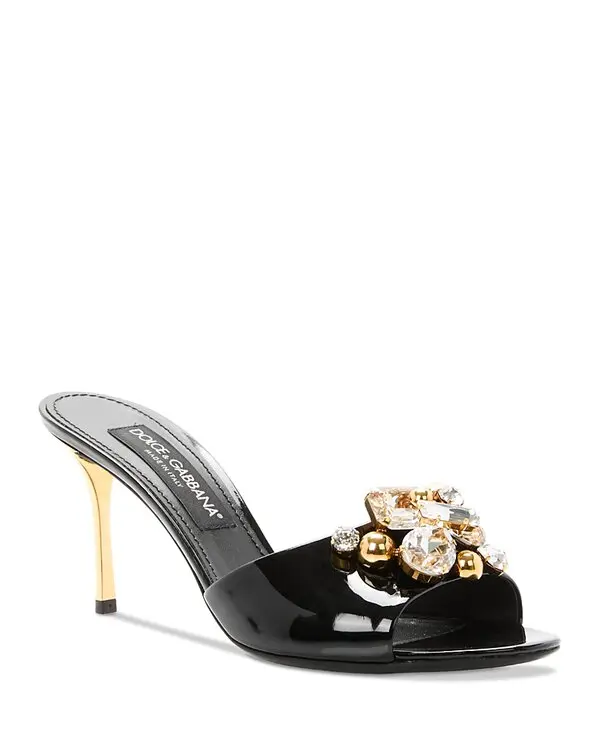 Dolce & Gabbana Patent Leather Crystal Cluster Mules - Black/gold/crystal