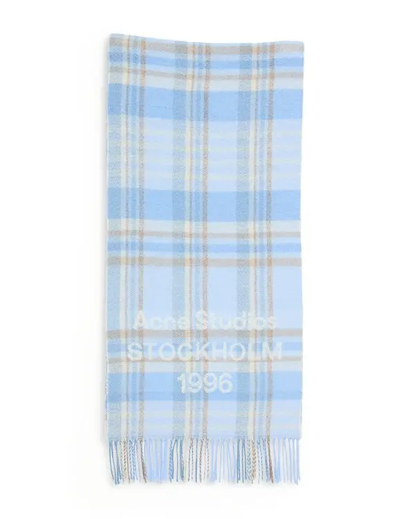 Acne Studios Wool Blend Check Logo Scarf - Aqua Blue/beige