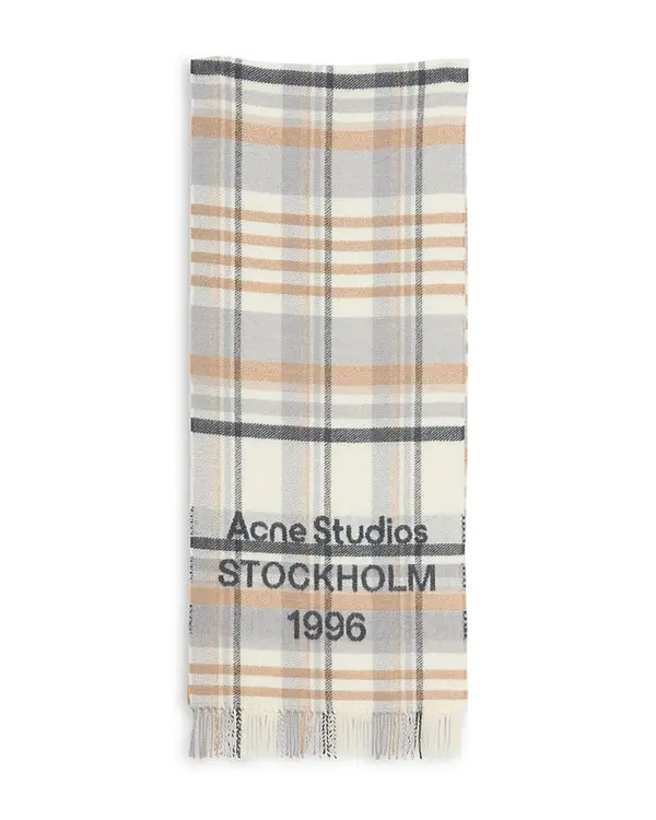 Acne Studios Wool Blend Check Logo Scarf - White/beige