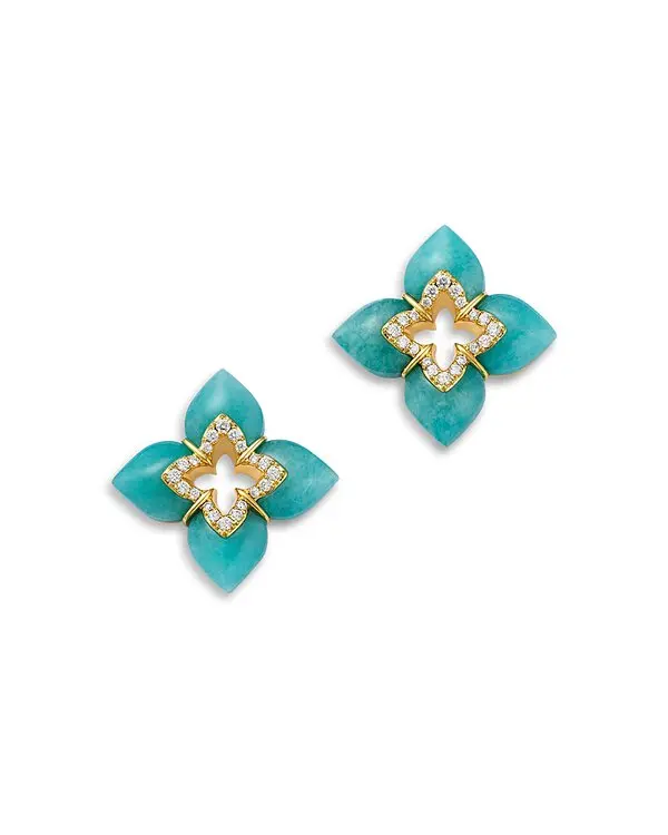 Roberto Coin 18k Yellow Amazonite & Diamond Flower Stud Earrings - Gold
