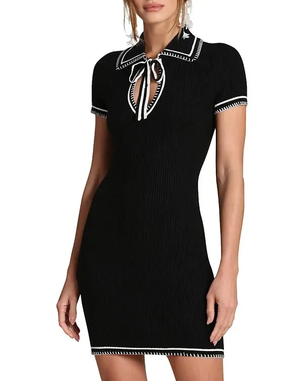 Avec Les Filles Tie Neck Fitted Mini Dress - Black/cream