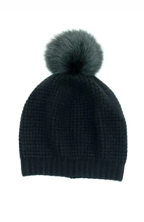 Portolano Cashmere Beanie With Faux Fur Pom - Black