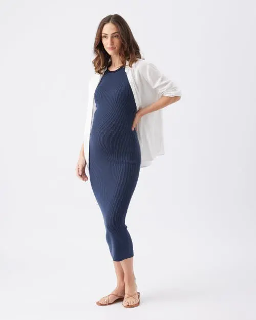 RIPE MATERNITY Noa Rib Knit Nursing Midi Dress - Indigo/navy