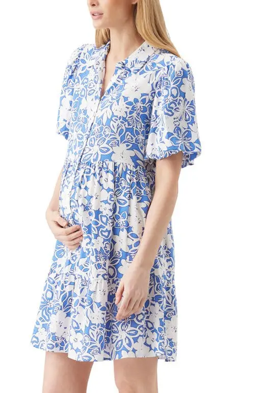 RIPE MATERNITY Nahla Linen Blend Dress - Royal/white