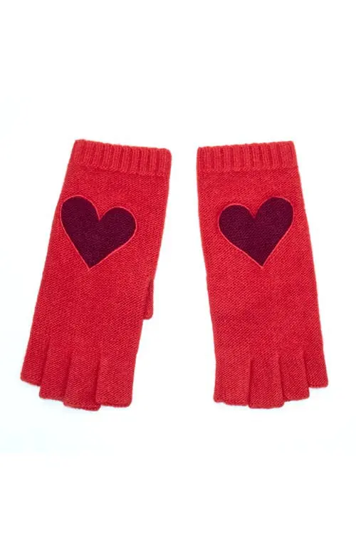 Portolano Cashmere Fingerless Gloves With Heart Patch - Cherry Red/rum