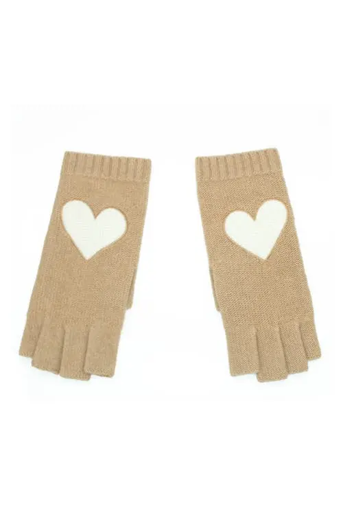 Portolano Cashmere Fingerless Gloves With Heart Patch - Light Camel/white