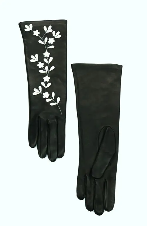 Portolano Floral Appliqued Leather Gloves - Black/white