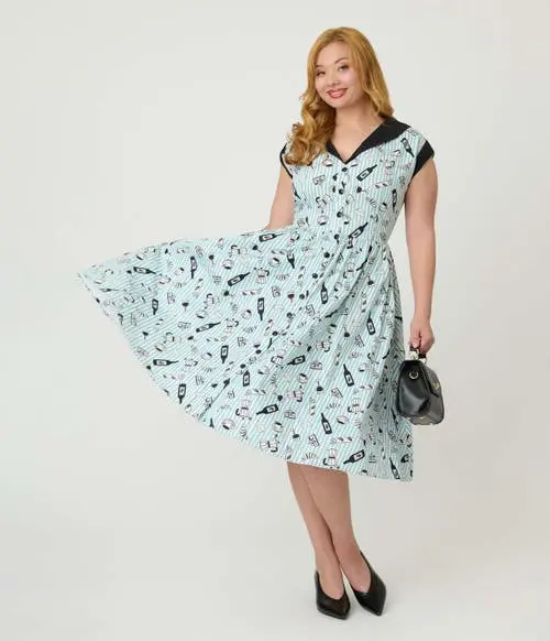 Unique Vintage Cafe Swing Dress - Blue Striped Café Print