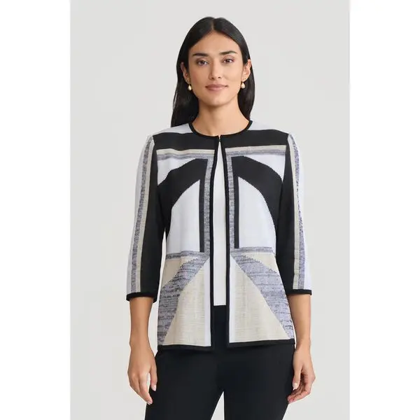 Ming Wang Heritage Colorblock Intarsia Knit Jacket - Limestone/black/white