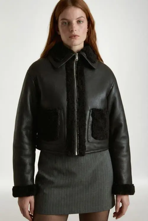 FURNIQ UK Julia Shearling Cropped Leather Jacket - Black