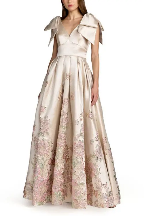 Mac Duggal Brocade V-neck Gown With Bow Straps