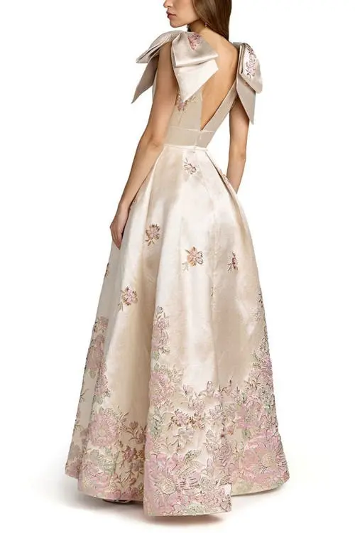 Mac Duggal Brocade V-neck Gown With Bow Straps