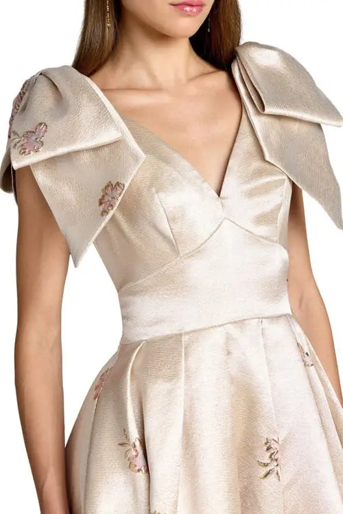 Mac Duggal Brocade V-neck Gown With Bow Straps