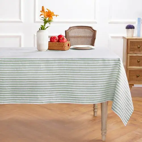 SOLINO HOME Linen Tableclothamalfi Stripe - Green And White