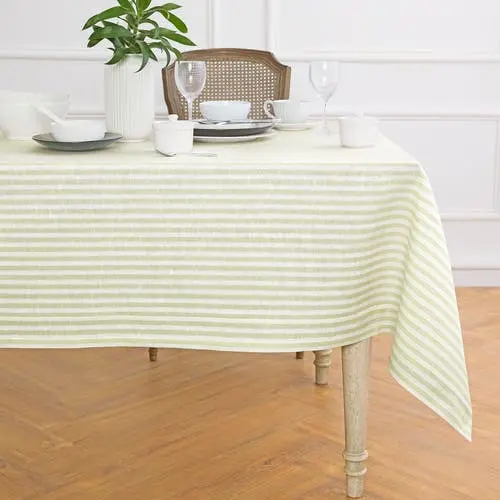 SOLINO HOME Linen Tableclothamalfi Stripe - Sage And White