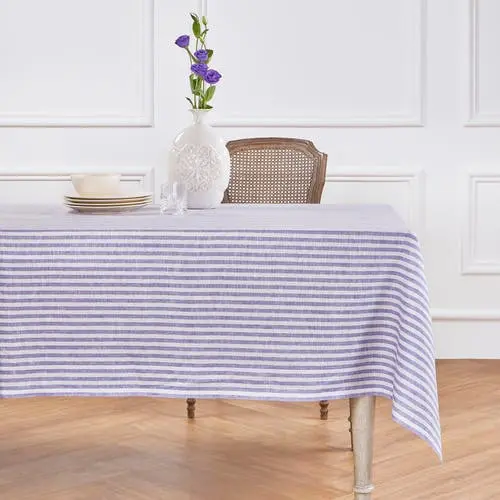 SOLINO HOME Linen Tableclothamalfi Stripe - Violet And White