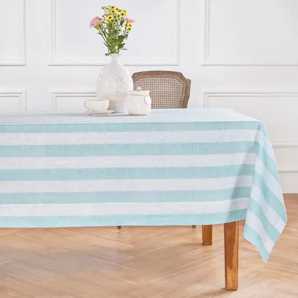 SOLINO HOME Linen Tableclothcabana Stripe - Aqua And White