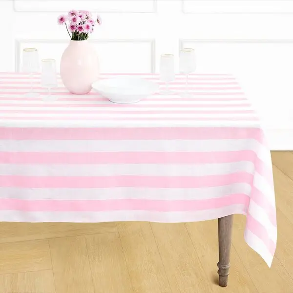 SOLINO HOME Linen Tableclothcabana Stripe - Cherry Blossom And White