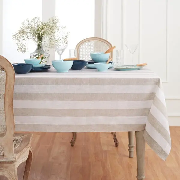 SOLINO HOME Linen Tablecloth For Dining Table - Natural And White