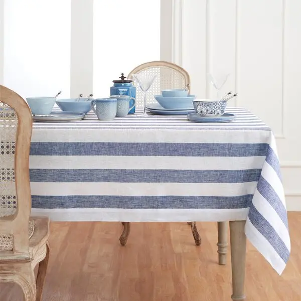 SOLINO HOME Linen Tablecloth For Dining Table - Navy And White