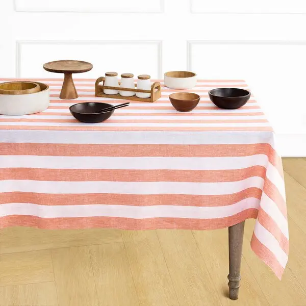 SOLINO HOME Linen Tablecloth For Dining Table - Orange And White