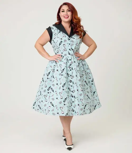 Unique Vintage Cafe Swing Dress - Blue Striped Café Print